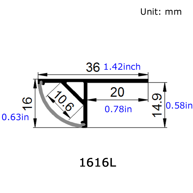 1616L LED Outside Corner Tile Trim Profile For 10mm Strip Lights