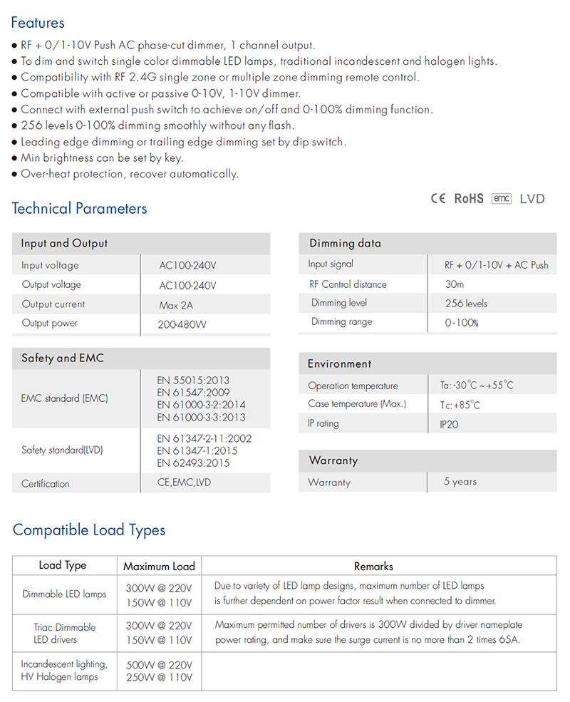 1CH*2A RF+0/1-10V Push AC Phase-cut Dimmer S1-L [S1-L] - $19.98