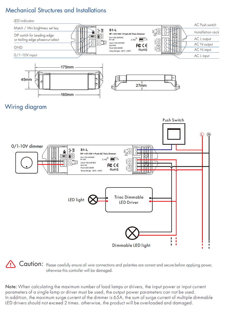1CH*2A RF+0/1-10V Push AC Phase-cut Dimmer S1-L [S1-L] - $19.98